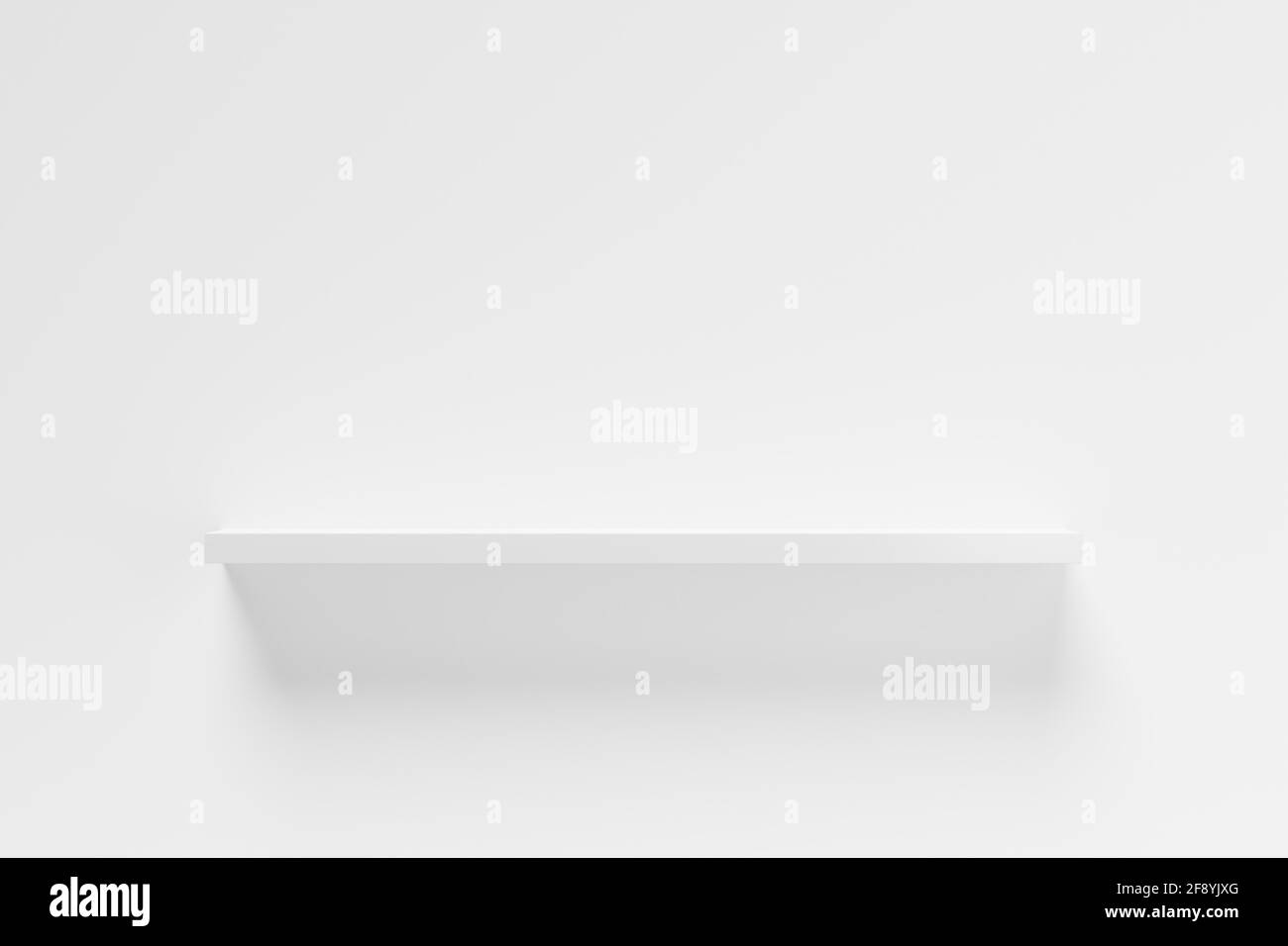 Single, empty white shelf board on white wall, object or product ...
