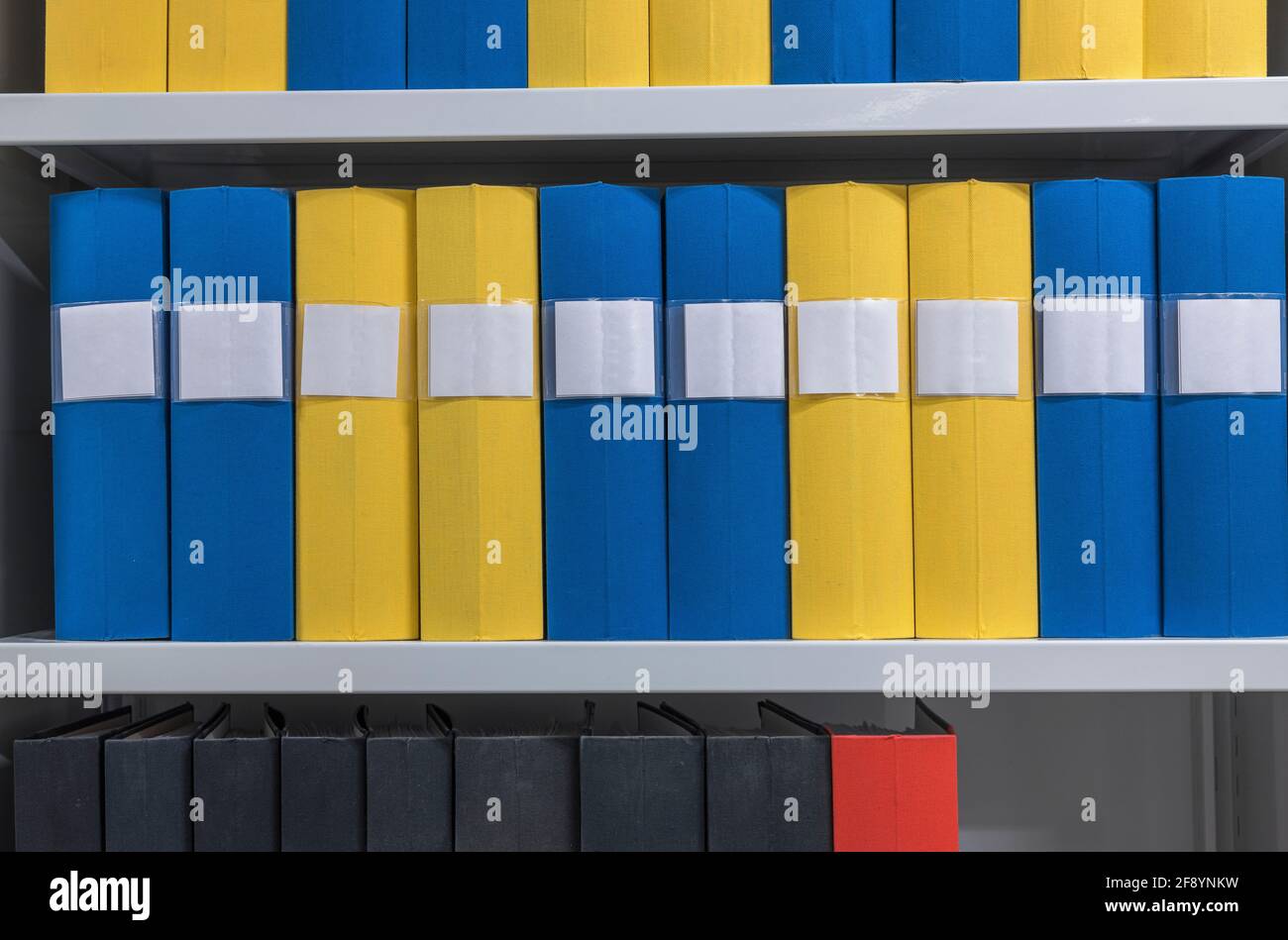 Close up view of colorful folders on shelves. Business and finance ...