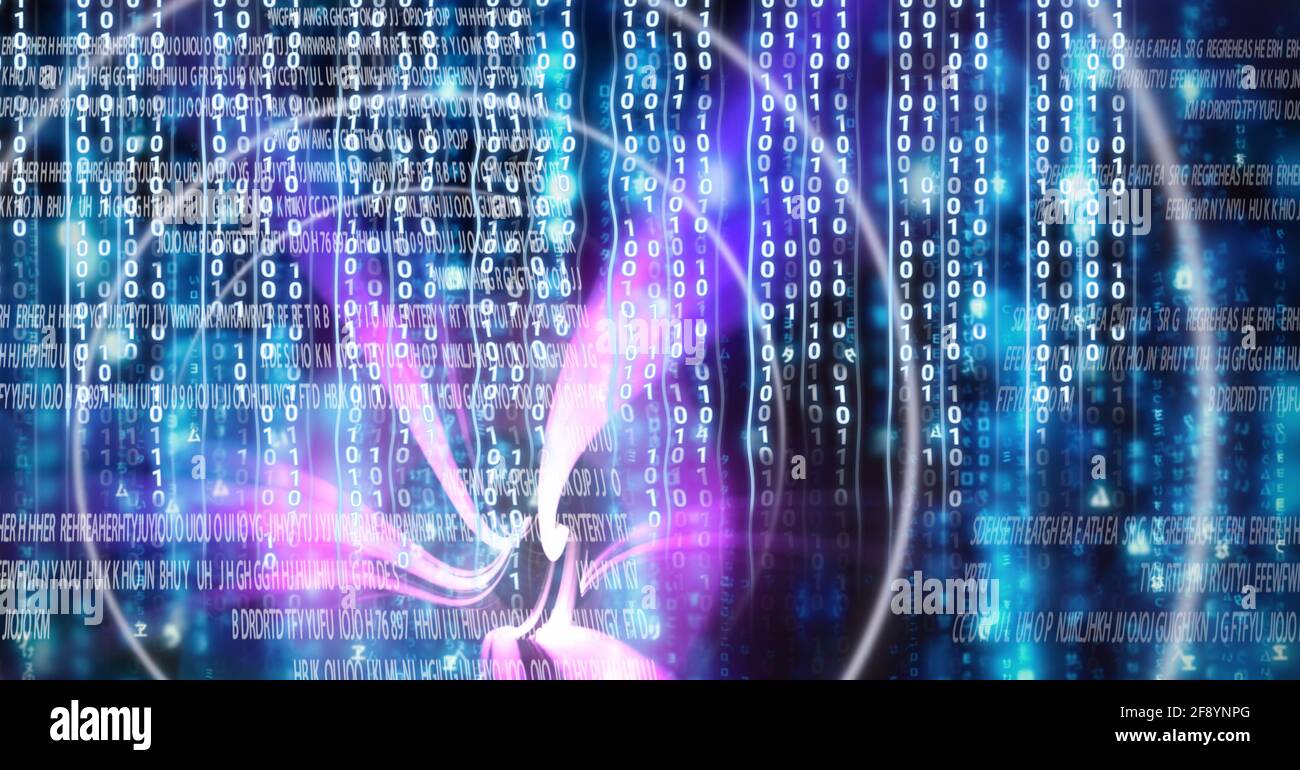 Neon pink light trails over computer code, program coding and technology concept Stock Photo - Alamy