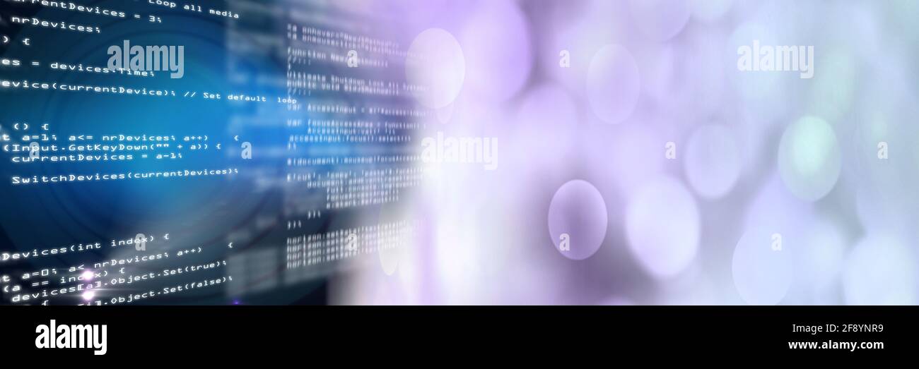 Computer code processing against black and purple background, program coding and technology ...