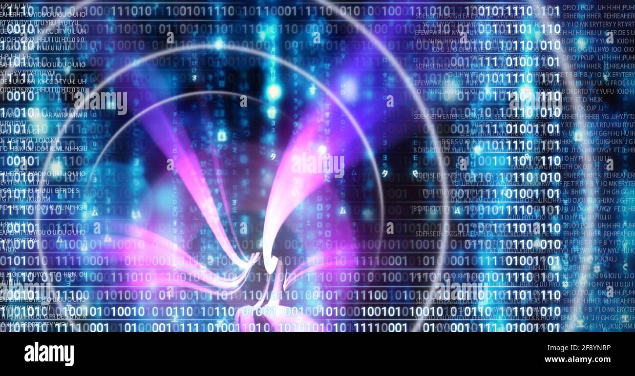 Neon colourful light trails over computer code, program coding and technology concept Stock ...