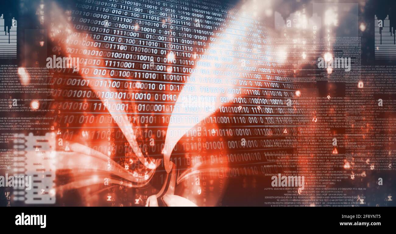 Neon Orange Light Trails Over Computer Code Program Coding And
