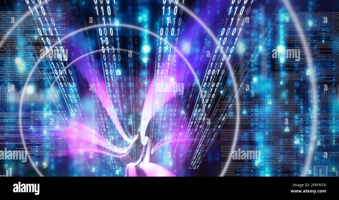 Neon colourful light trails over computer code, program coding and technology concept Stock ...