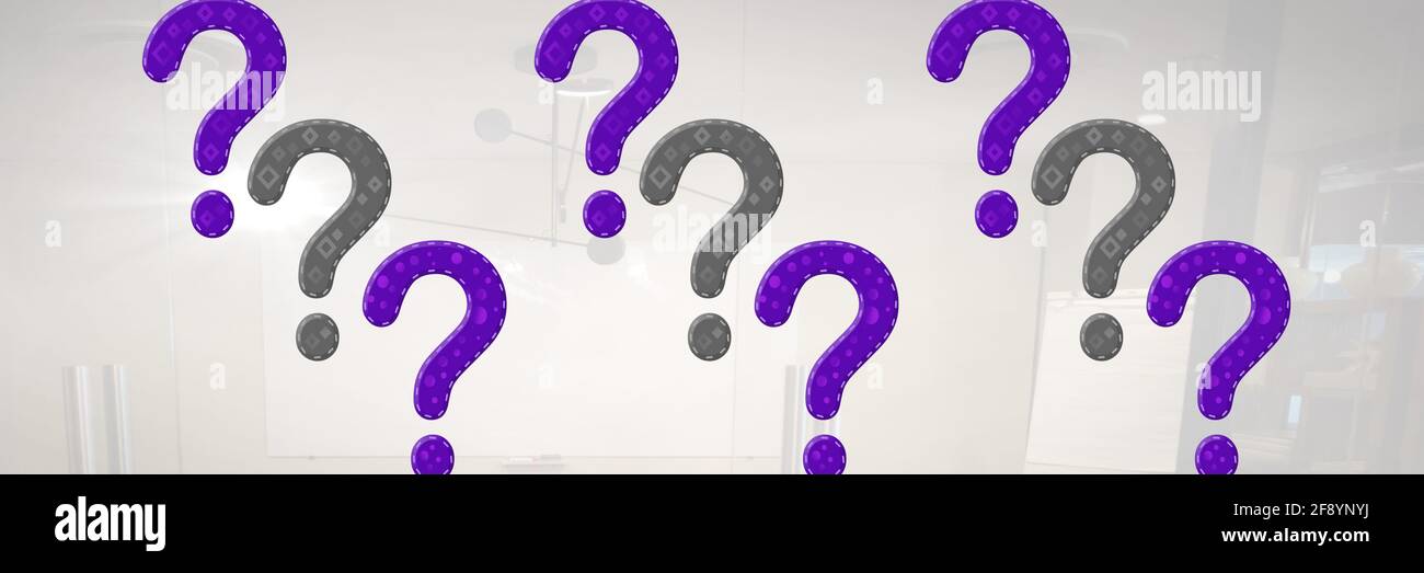 Multiple multicolor question marks against a white office building ...