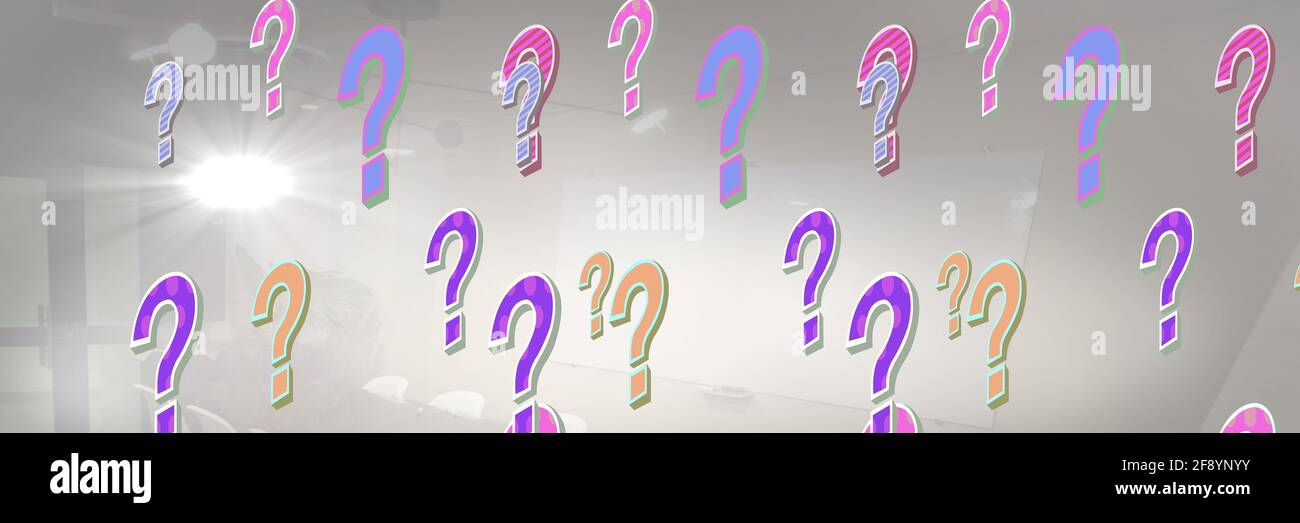 Multiple multicolor question marks against a white office building ...