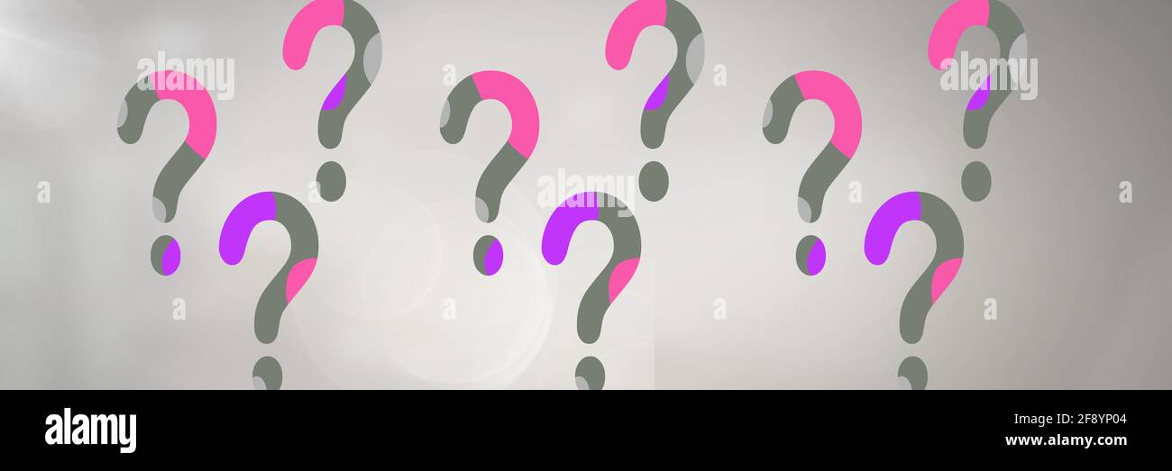 Multiple multicolor question marks against a white office building ...