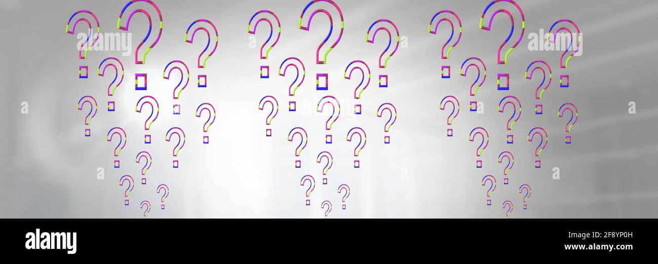 Multiple multicolor question marks against a white office building ...