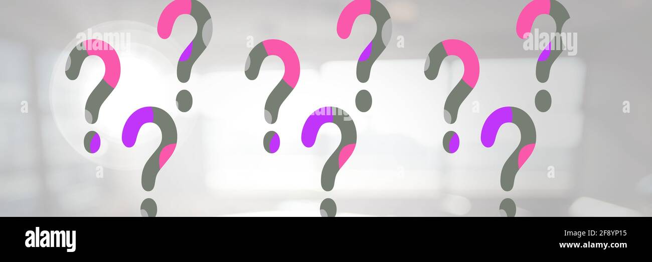 Multiple multicolor question marks against a white office building ...