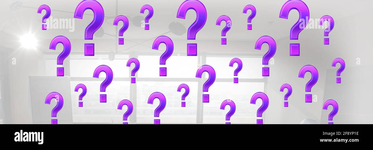 Multiple purple question marks against a white office building ...