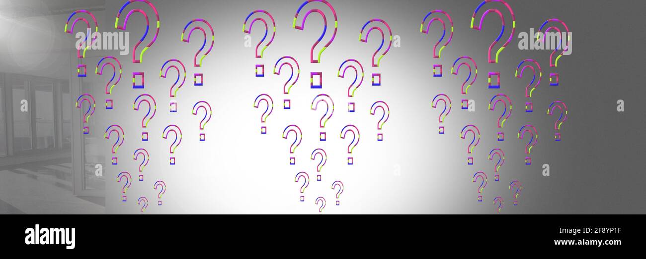 Multiple multicolor question marks against a white office building ...
