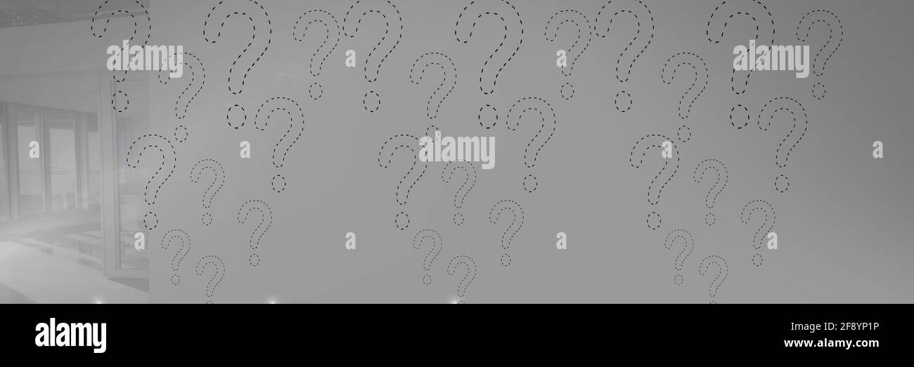 Multiple question marks against a white office building background ...