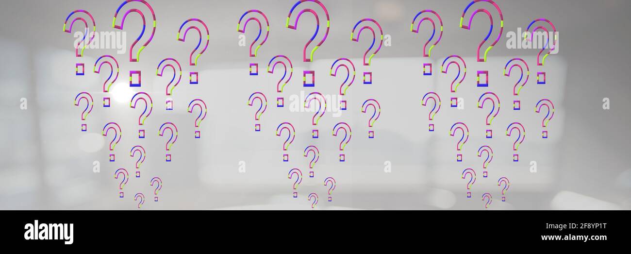 Multiple multicolor question marks against a white office building ...