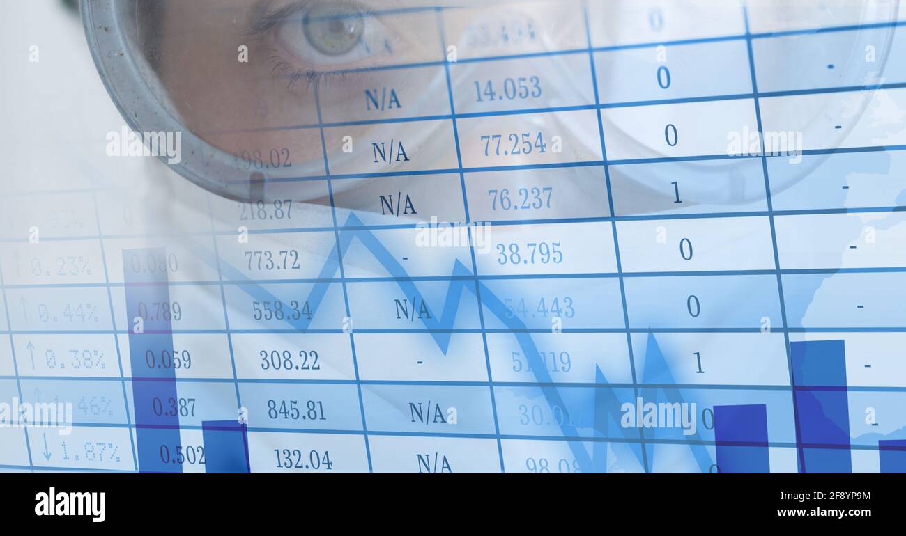 Financial data and graphs over a medical worker, healthcare and economy ...