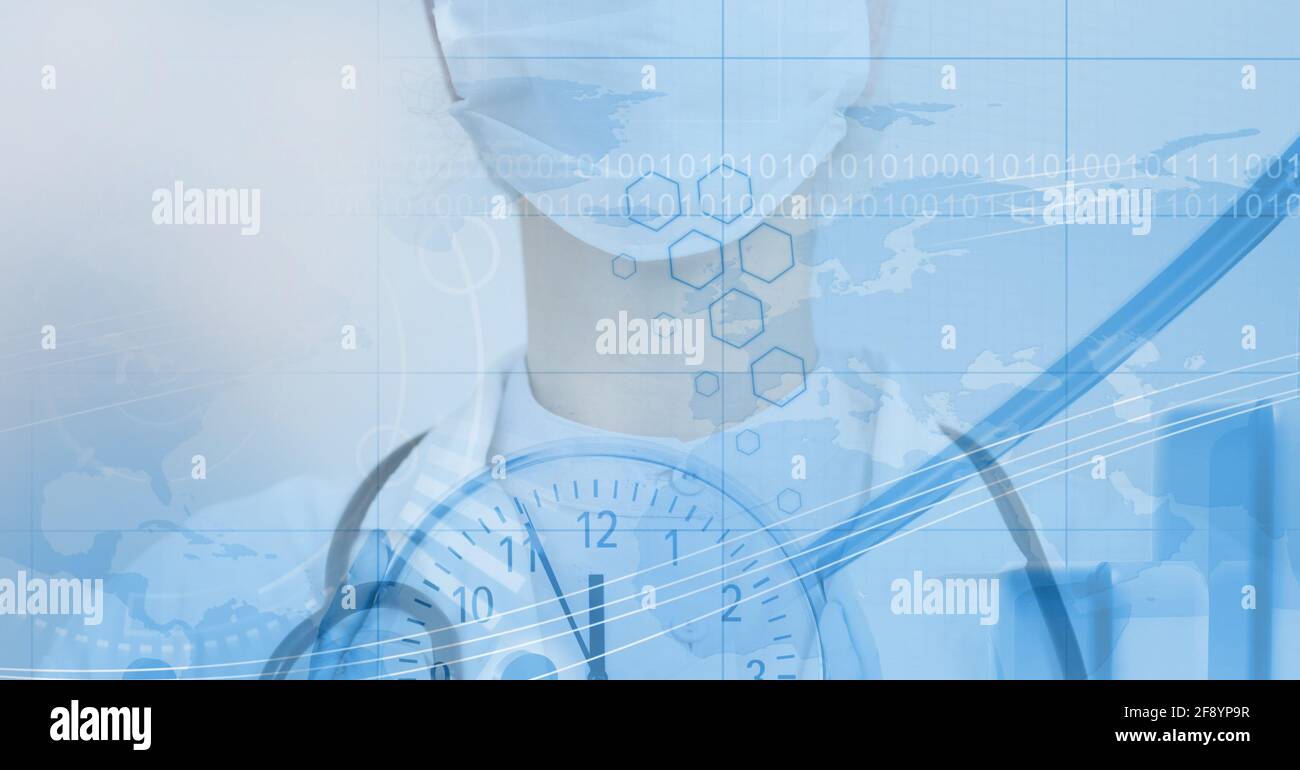 Computer code, clock, and map over a medical worker, coronavirus and ...