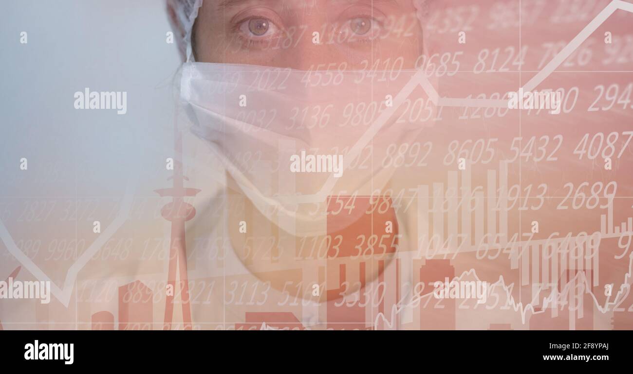 Financial data and graphs over a medical worker, healthcare and economy ...