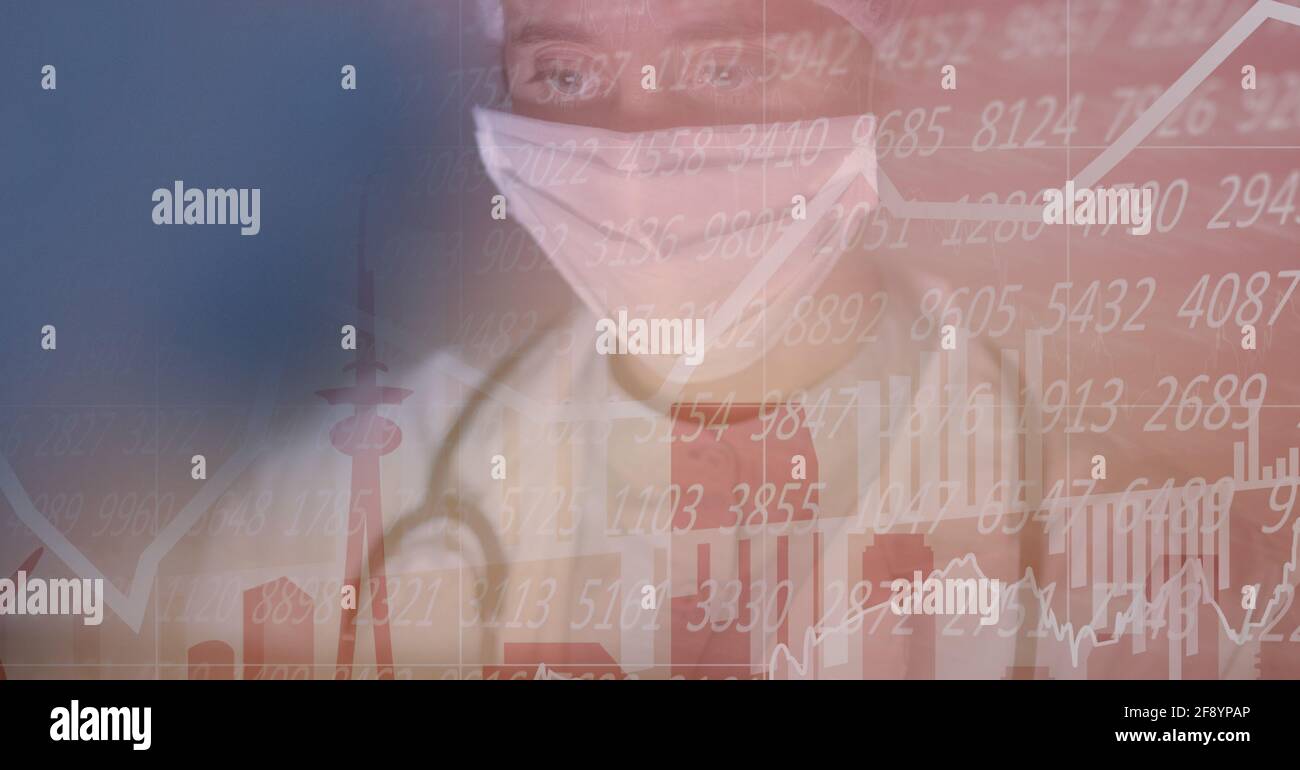 Financial data and graphs over a medical worker, healthcare and economy ...