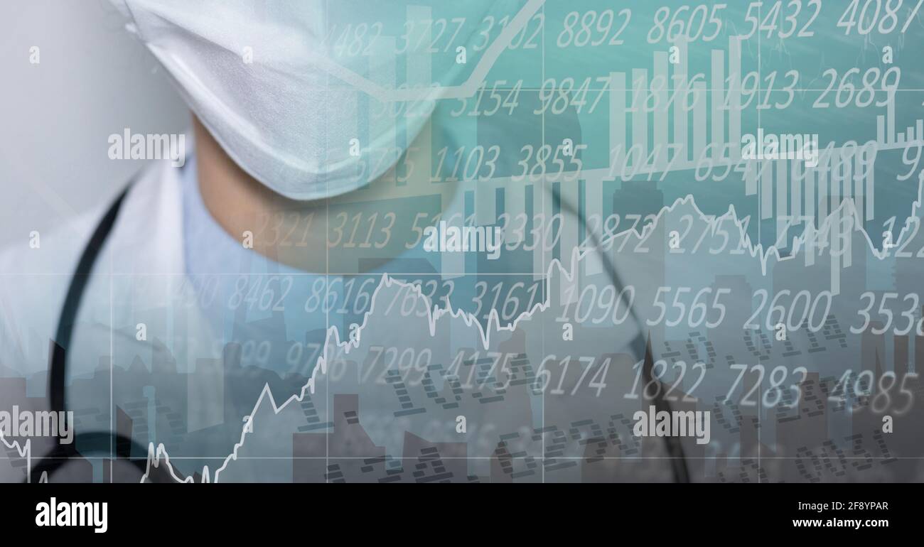 Financial data and graphs over a medical worker, healthcare and economy ...