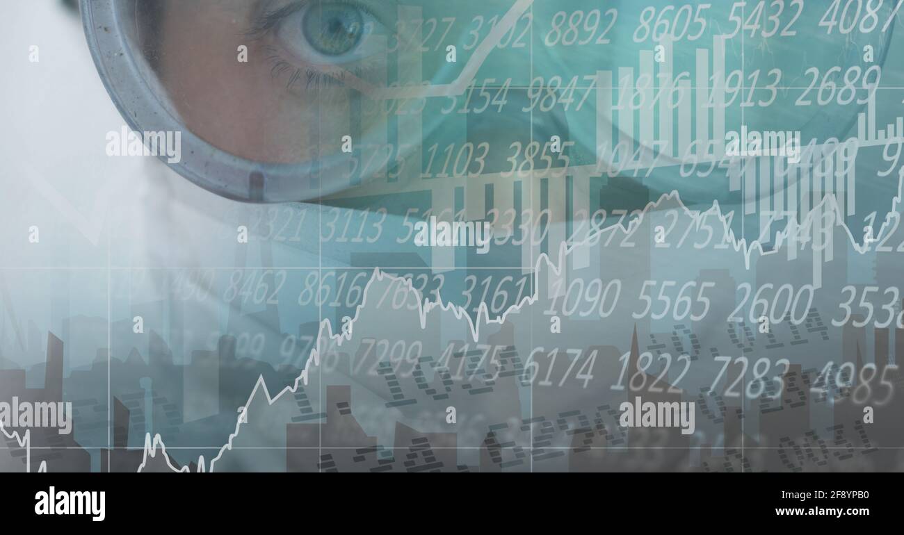 Financial data and graphs over a medical worker, healthcare and economy ...