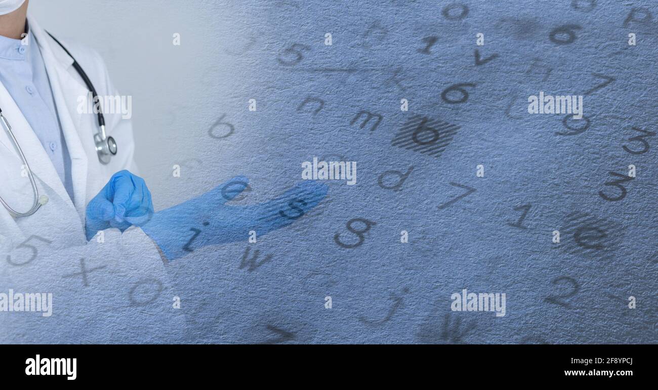 Numbers and letters on a paper over medical worker, coronavirus and ...