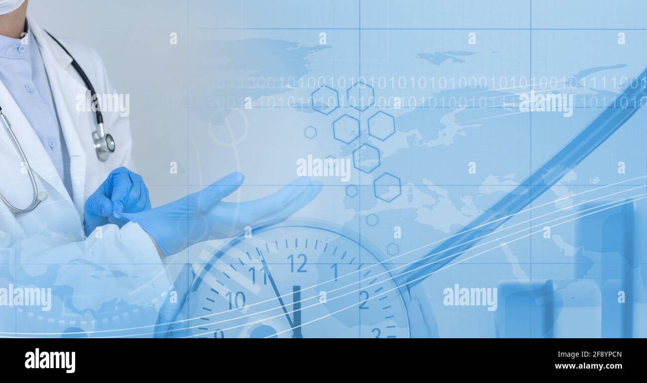 Computer code, clock, and map over a medical worker, coronavirus and ...