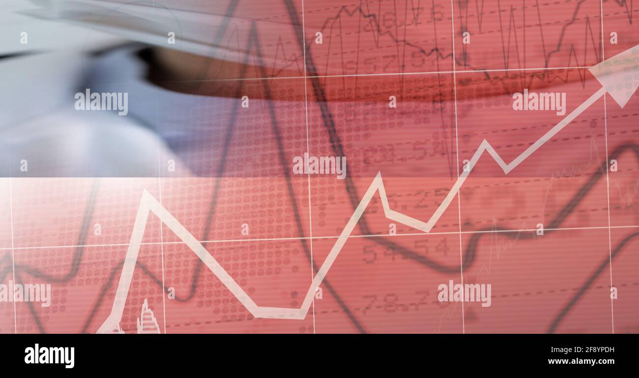 Financial data and graphs over a medical worker, healthcare and economy ...