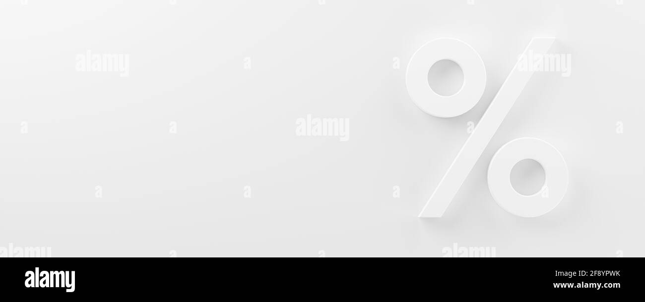 White percent sign on white background with copy space flat lay top ...