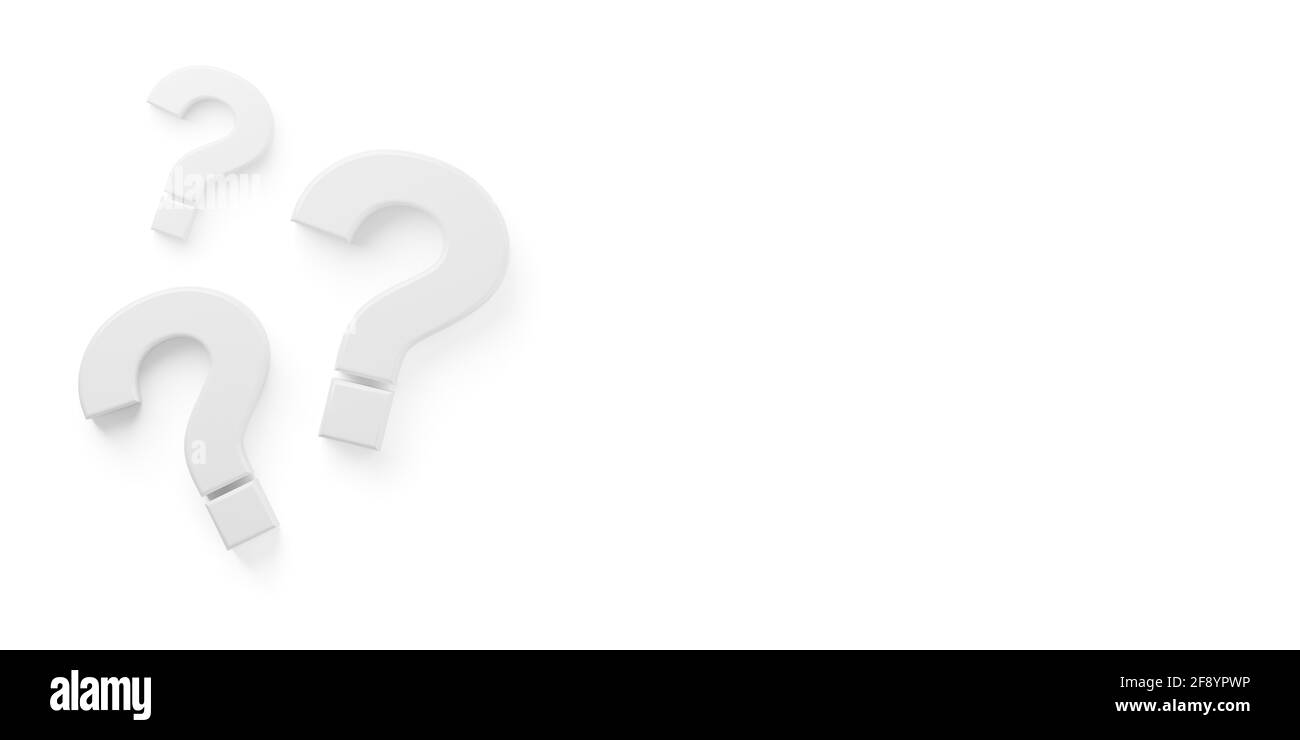 Three white question marks symbol on white floor flat lay top view from ...