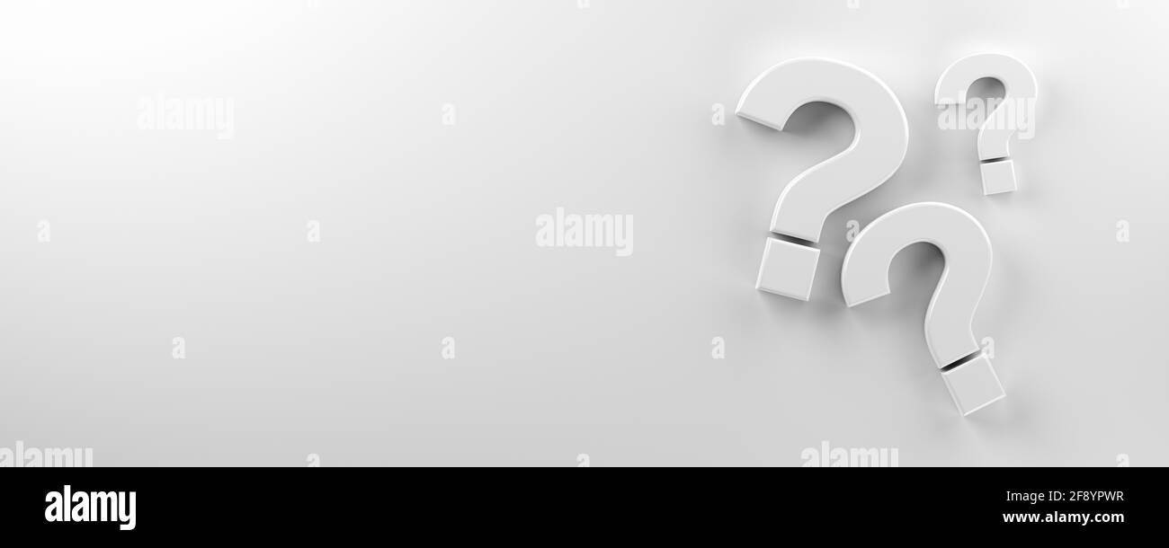 Three white question marks symbol on white floor flat lay top view from ...