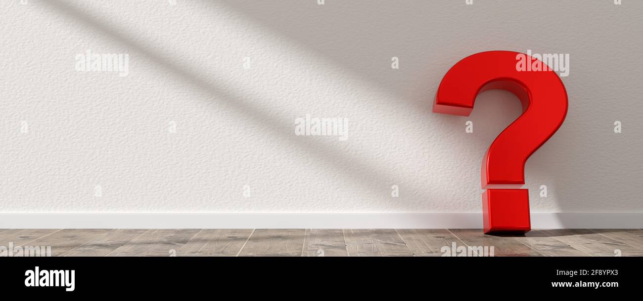 Red question mark symbol leaning against white wall on wooden floor ...