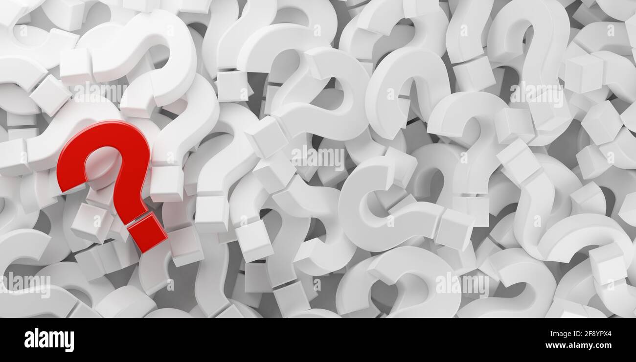 Heap of white question marks symbol with one red question mark flat lay ...