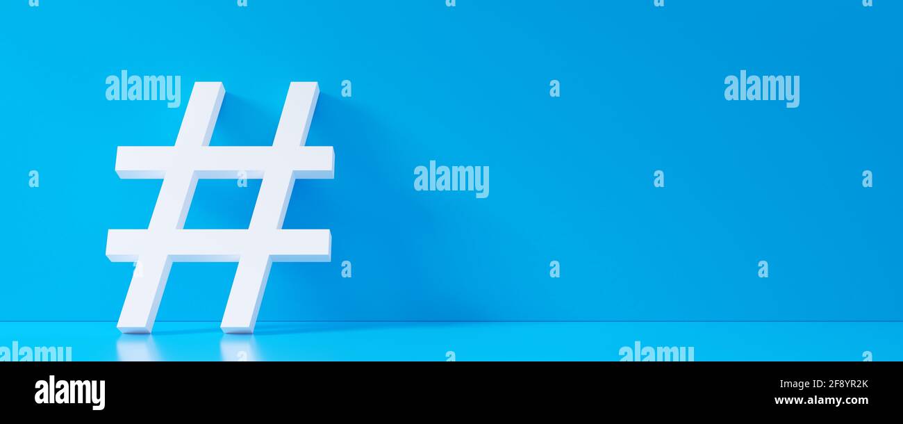 White hashtag symbol in blue room with reflective floor, marketing ...