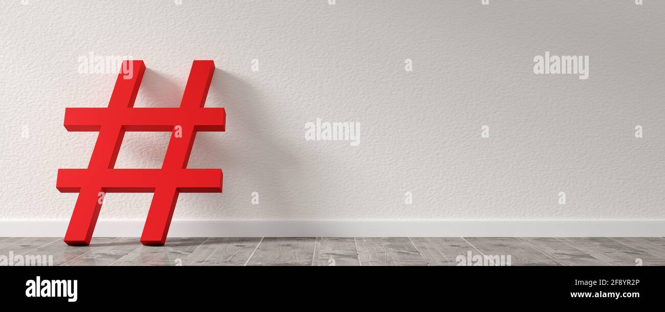 Red hashtag symbol in room with white wall and wooden floor, marketing ...