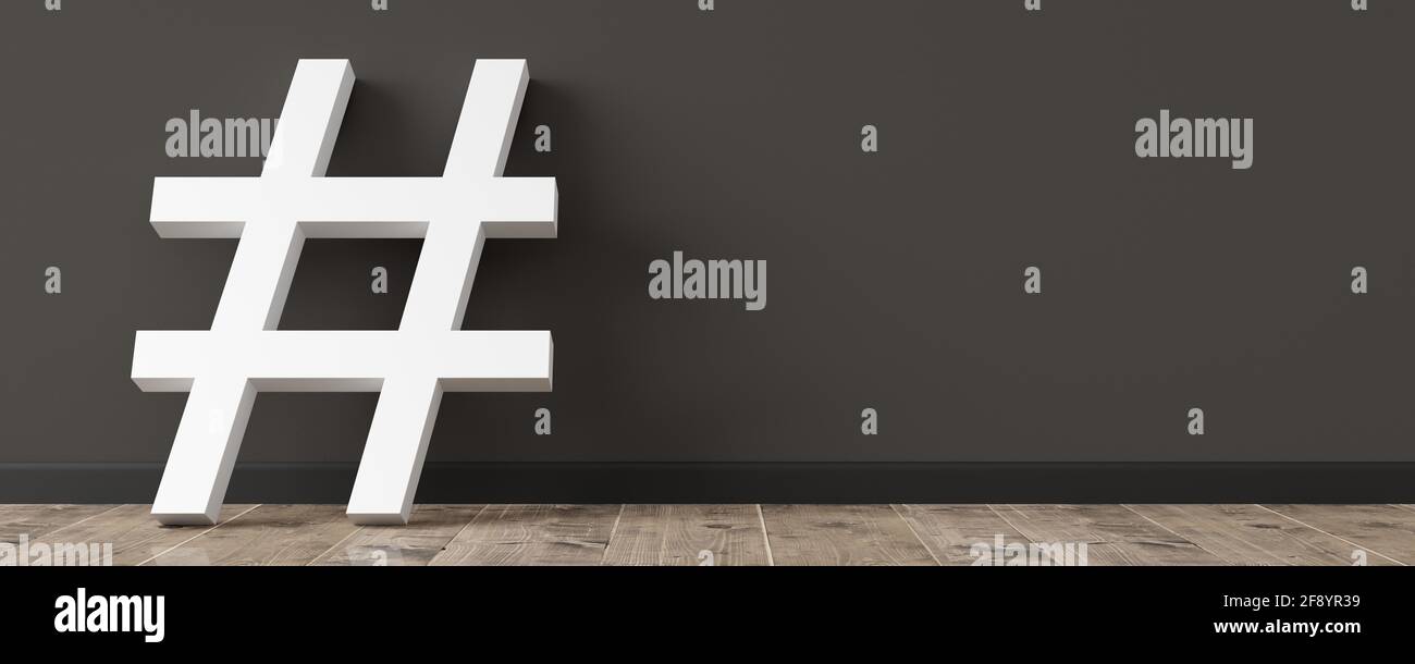 White hashtag symbol in room with grey wall and wooden floor, marketing ...