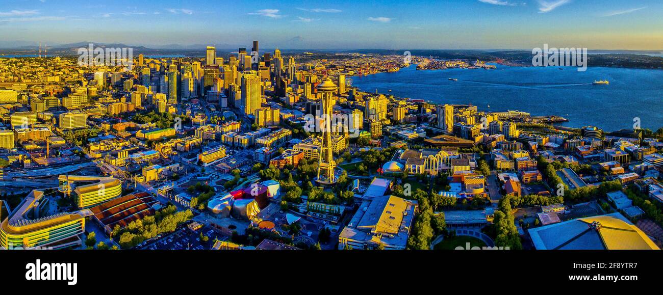 Aerial view of city at sunrise, Seattle, Washington State, USA Stock ...