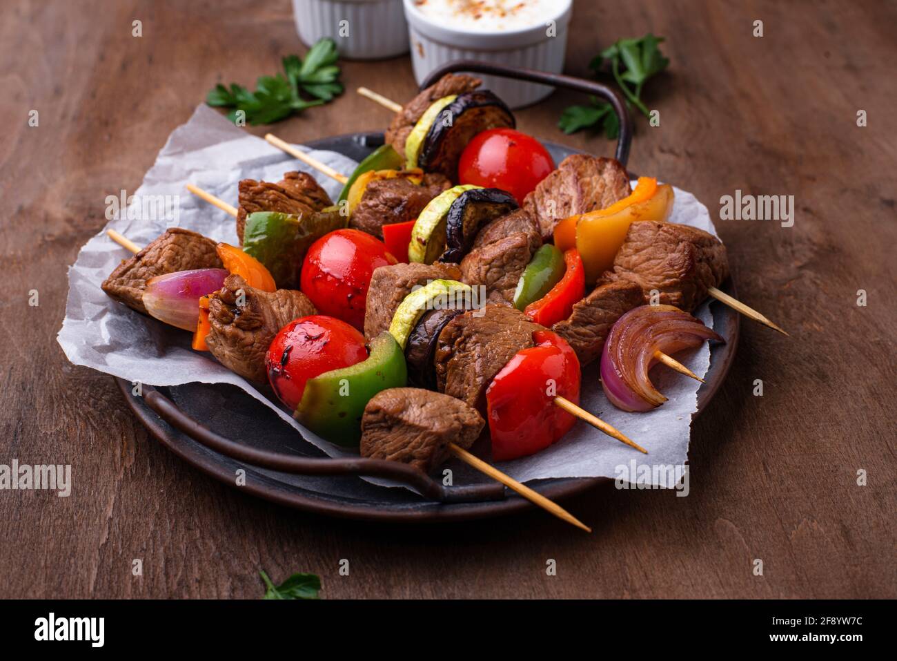 Grilled kebabs with meat, mushrooms and vegetables Stock Photo - Alamy