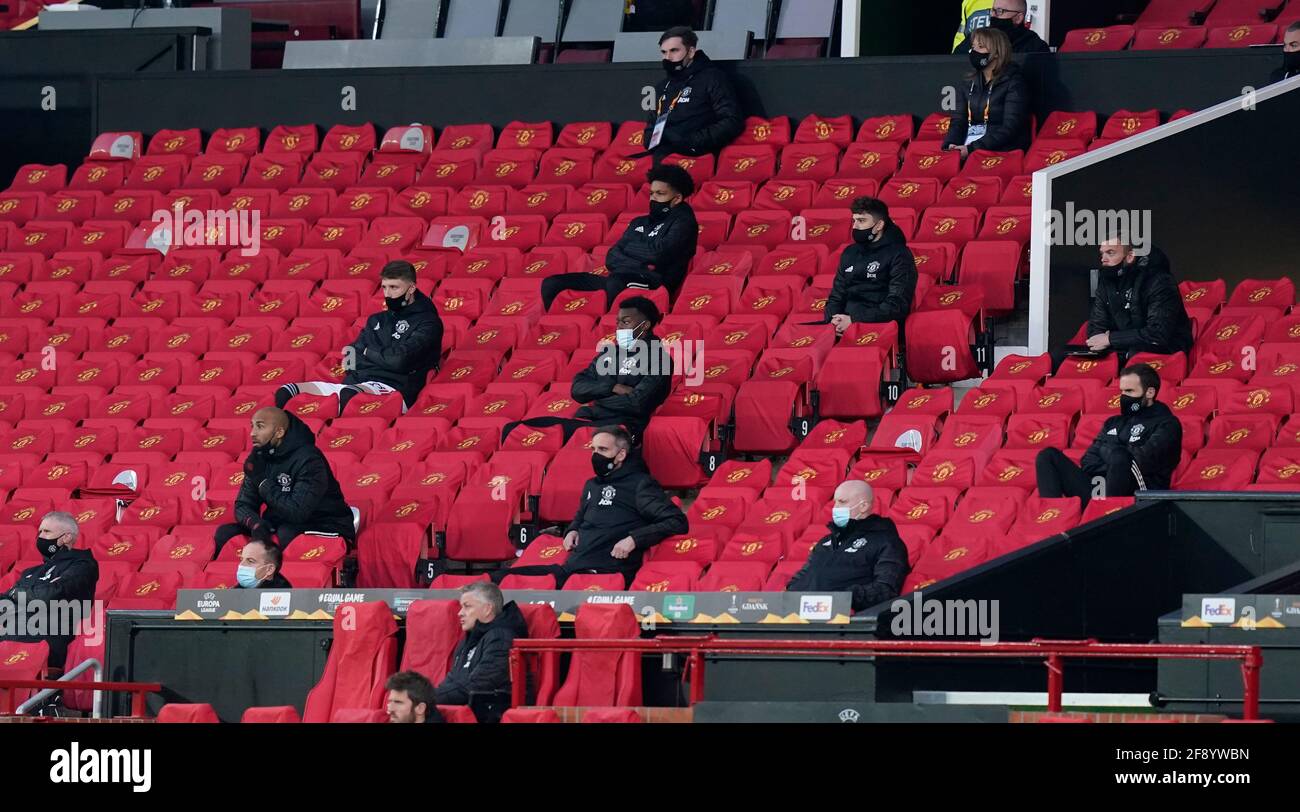 The substitutes bench at old trafford hi-res stock photography and ...