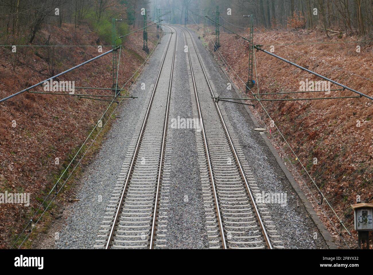 Railway track with two rails with left curve in the morning fog in the ...