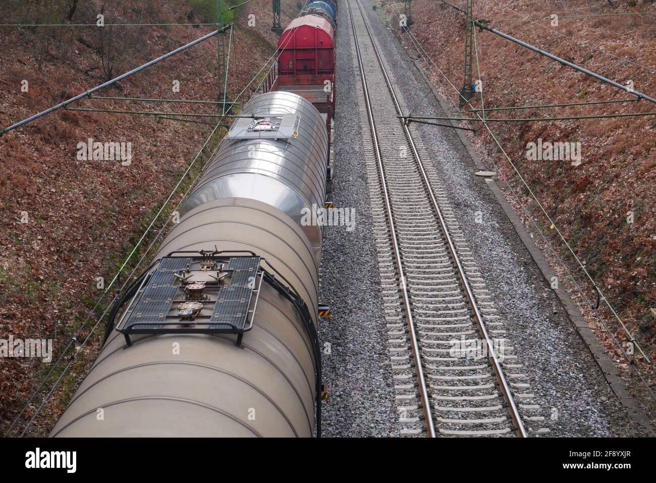 railway line with tank wagons stake wagons and freight wagons Stock ...