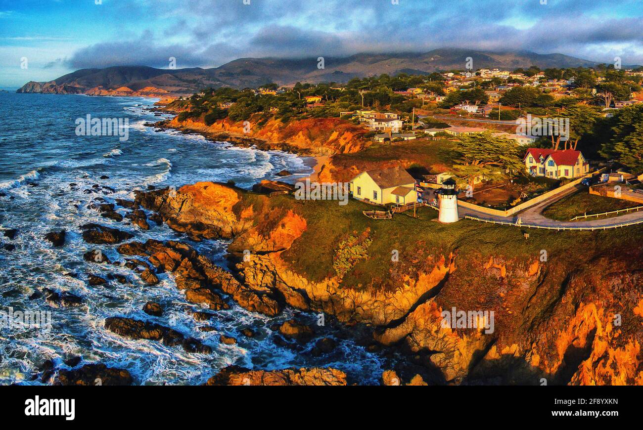 Aerial view of Pacific Ocean coastline and Point Montara Lighthouse ...
