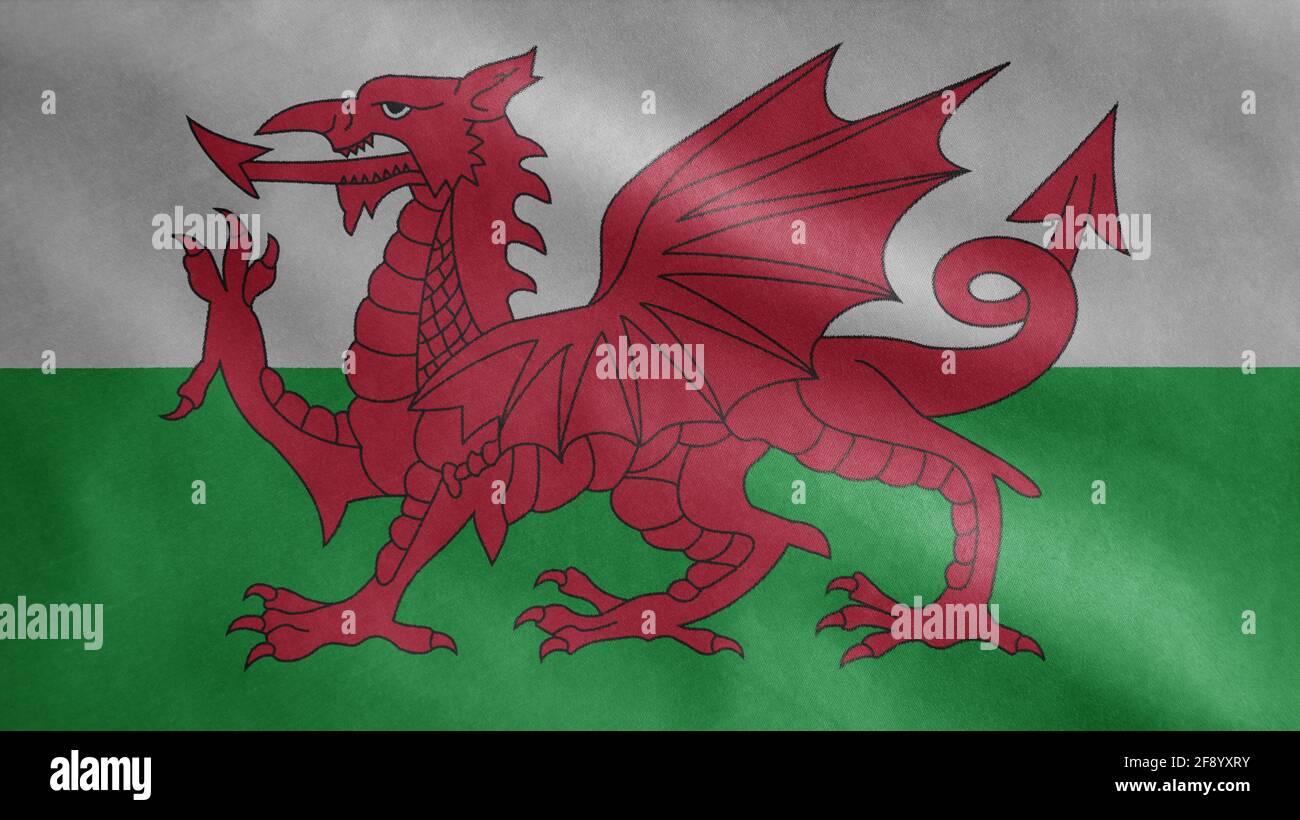 Welsh flag waving in the wind. Close up of Wales banner blowing, soft ...