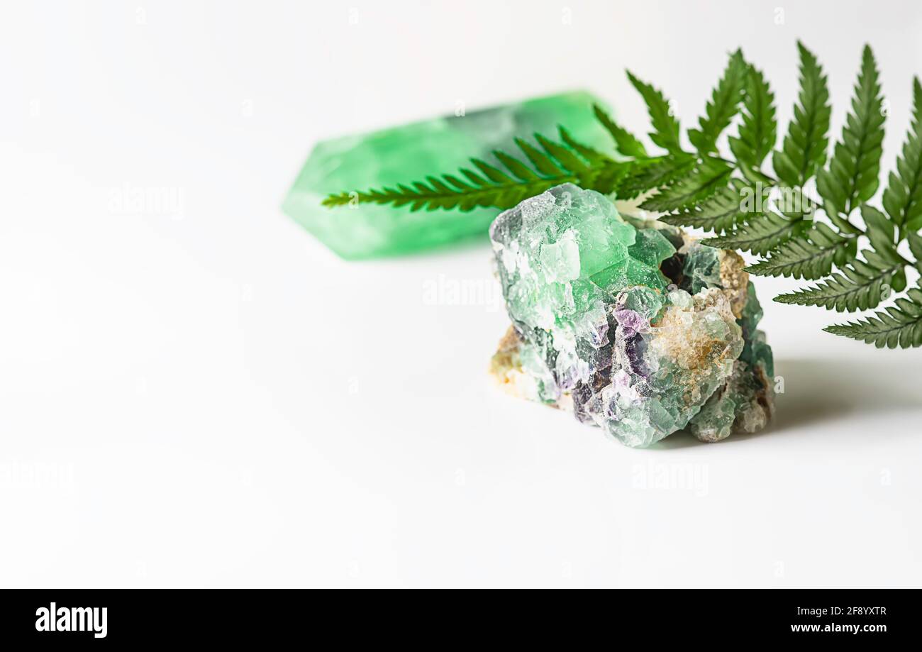 Healing Crystals and a fern branch. Natural gemstones. Gemstones are ...
