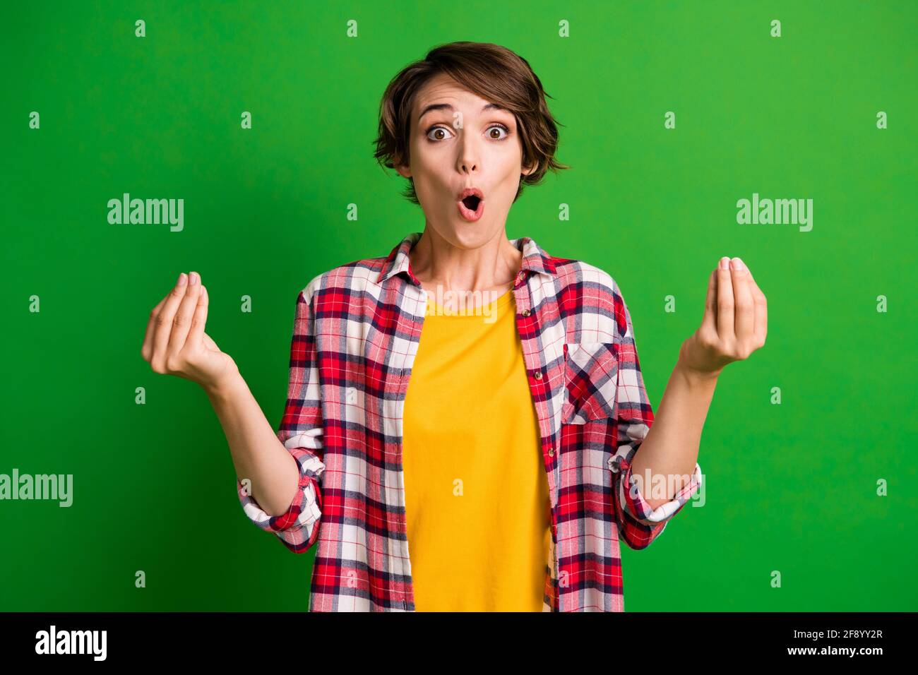 Photo of impressed lady two arms show sign open mouth staring wear ...