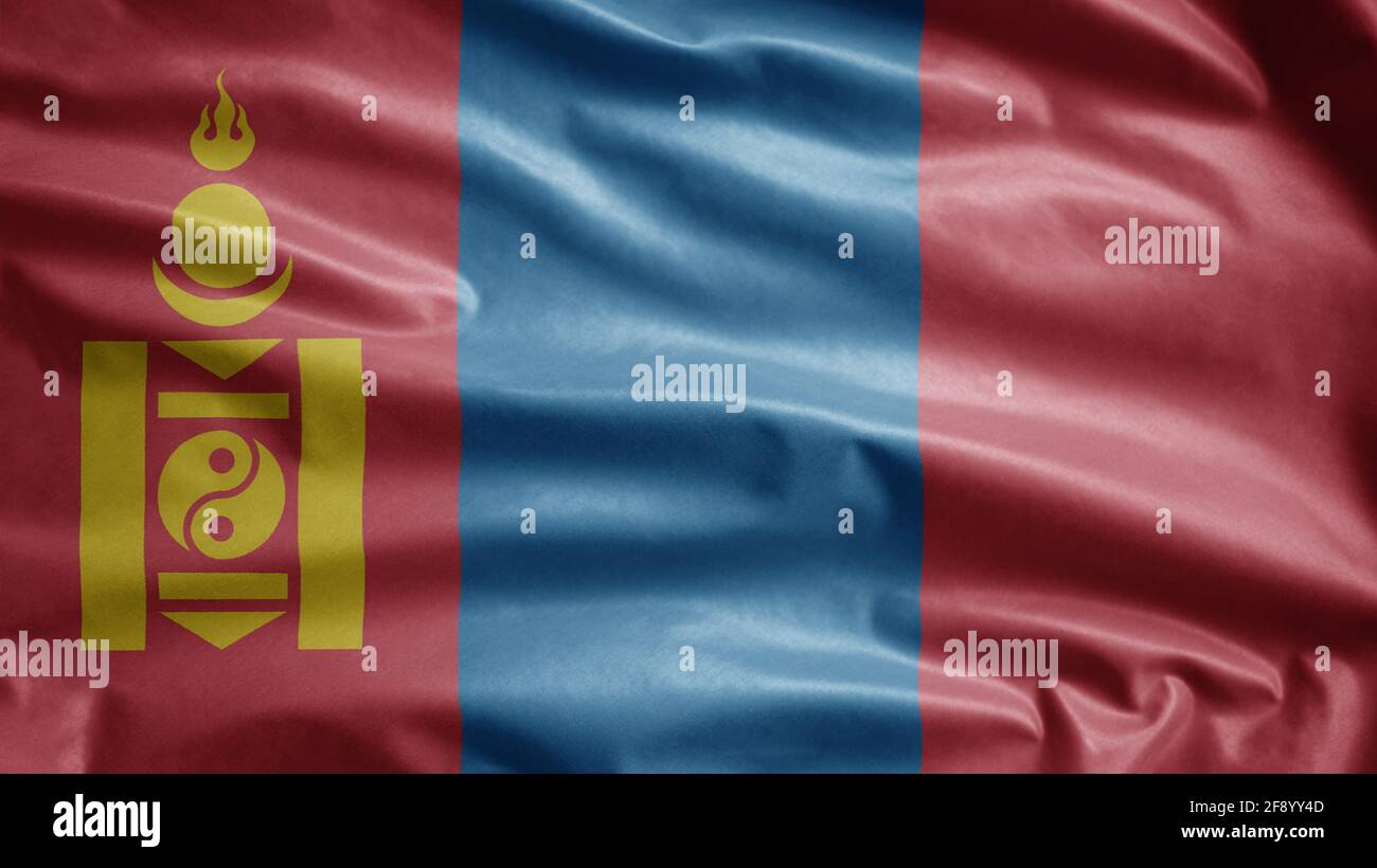 Mongolian flag waving in the wind. Close up of Mongolia banner blowing ...