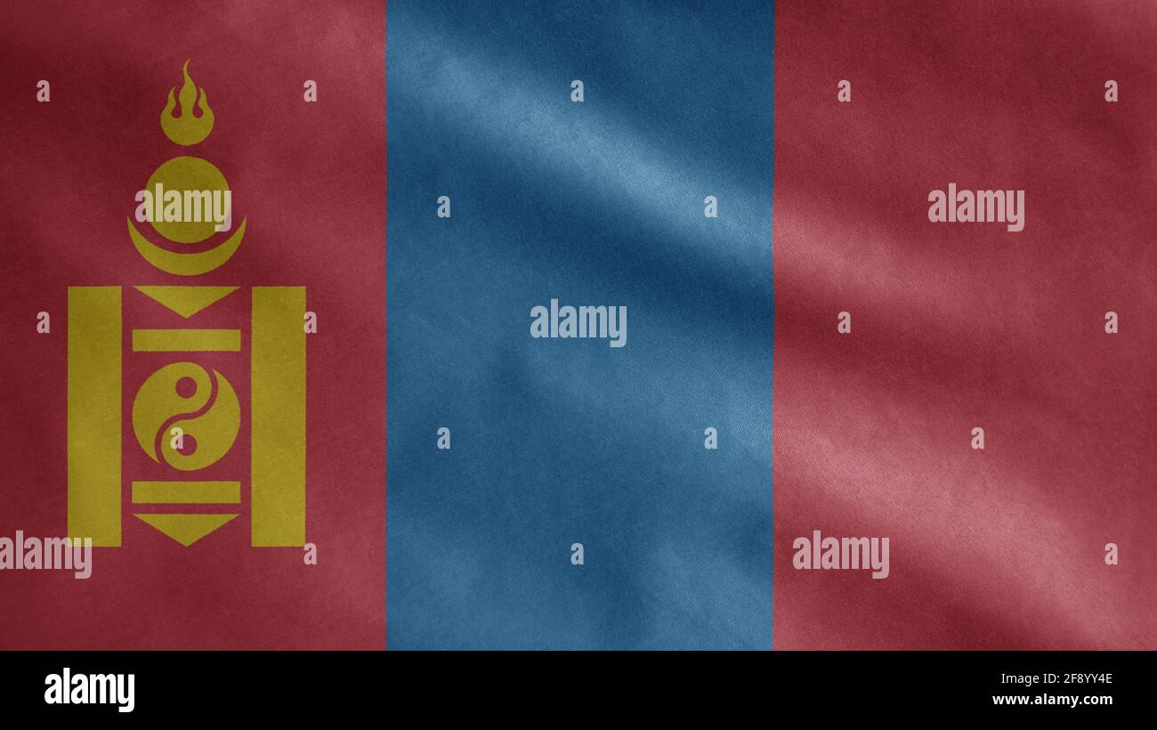 Mongolian flag waving in the wind. Close up of Mongolia banner blowing ...