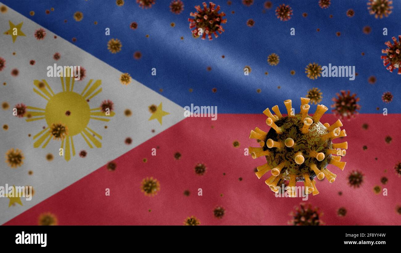 3D, Flu coronavirus floating over Philippin flag, a pathogen that ...