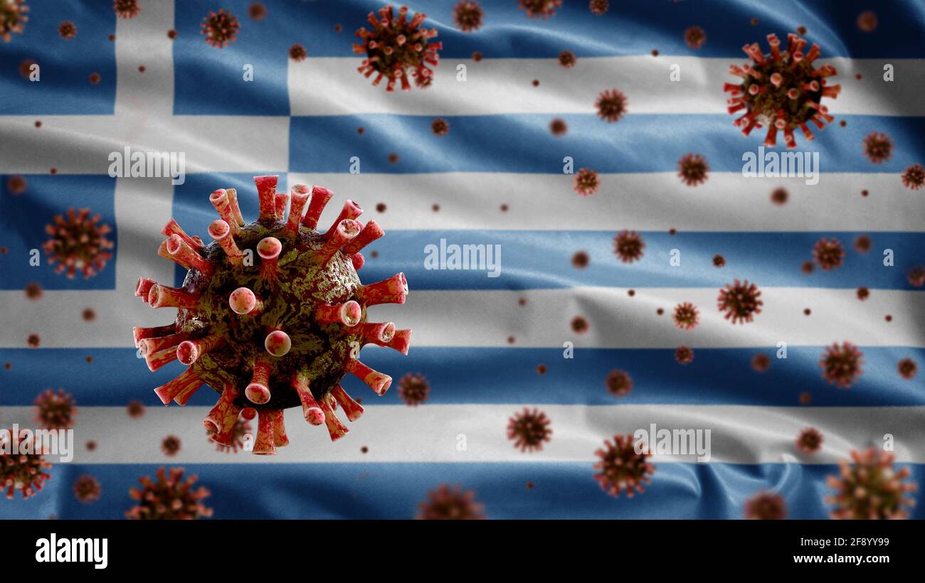 3D, Flu coronavirus floating over Greek flag, a pathogen that attacks ...