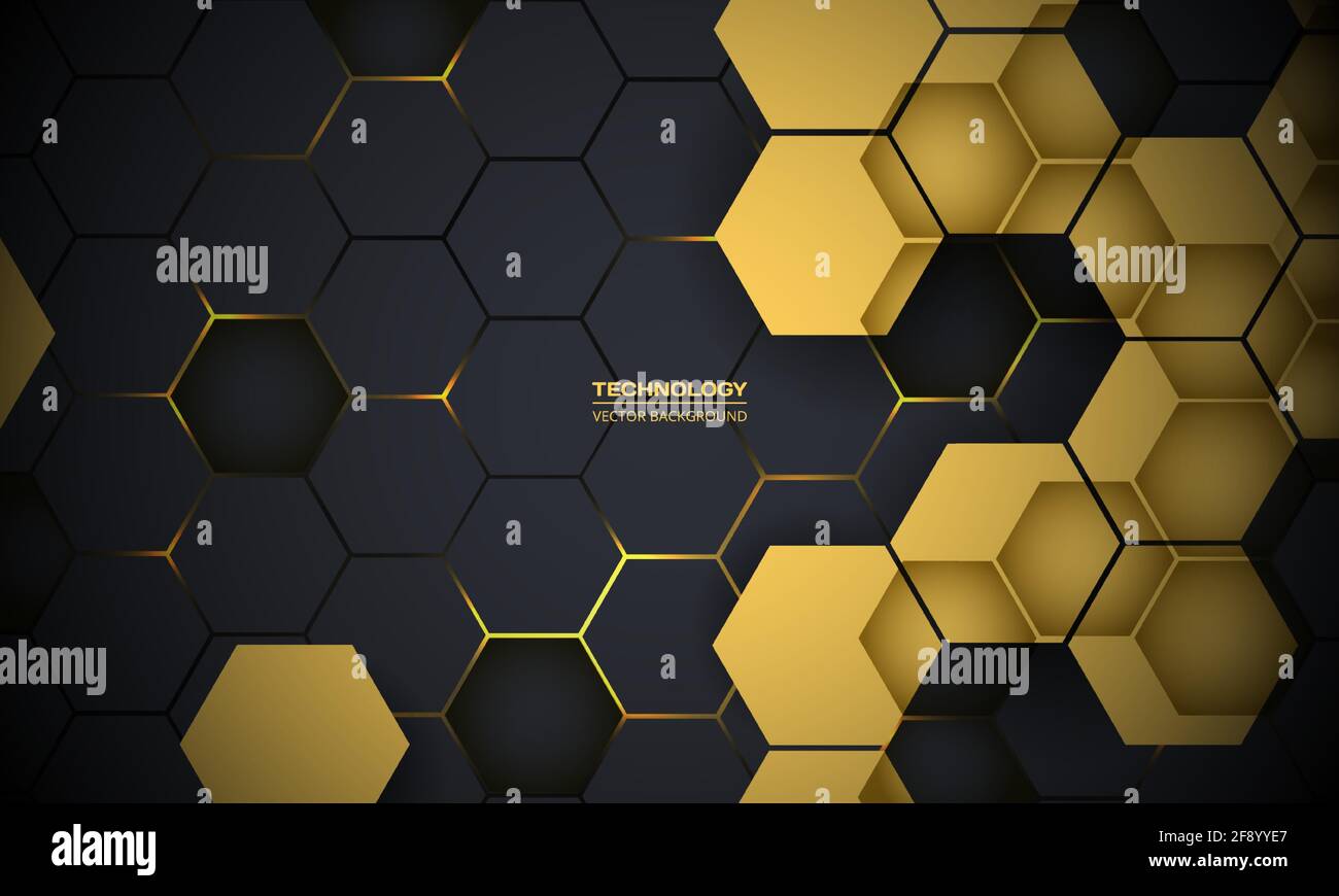Dark gray and yellow hexagonal technology abstract vector background ...