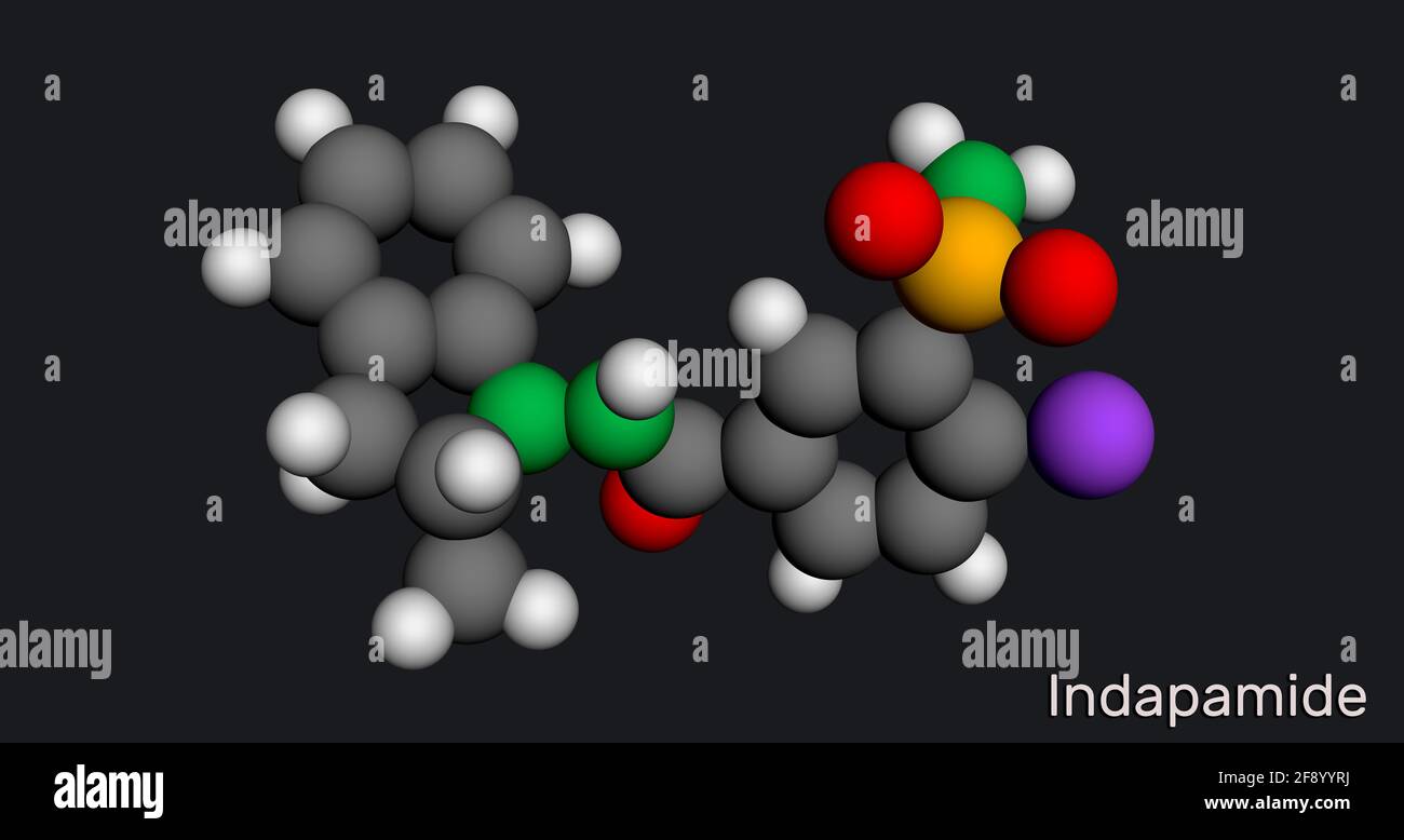 Indapamide molecule. It is thiazide-like diuretic, hypertension drug ...
