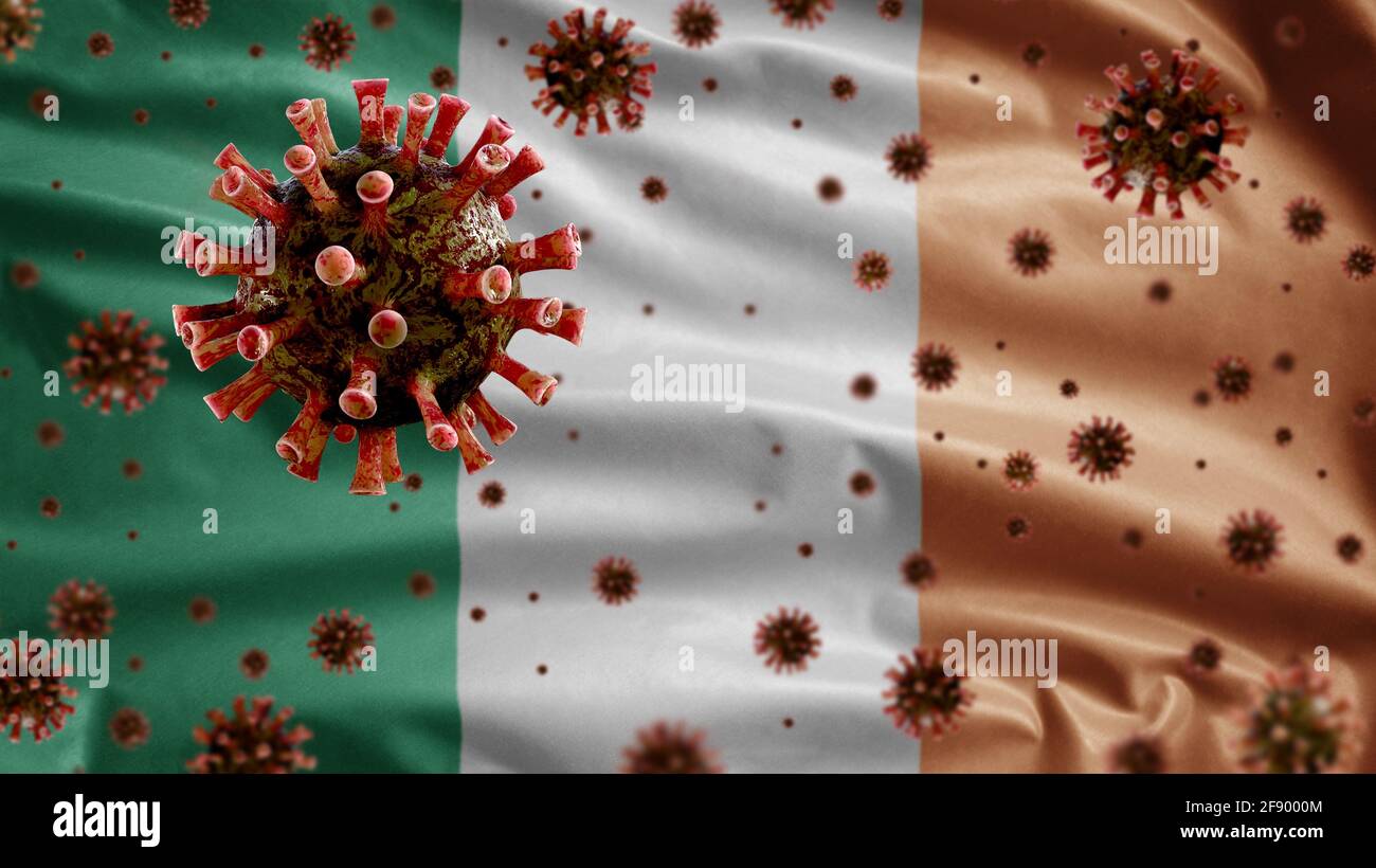 3D, Flu coronavirus floating over Ireland flag, a pathogen that attacks ...