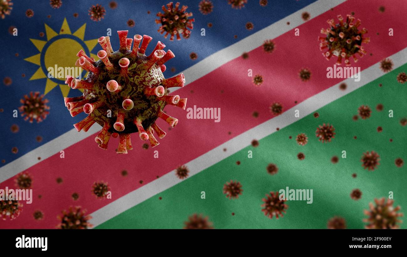 3D, Flu coronavirus floating over Namibian flag, a pathogen that ...